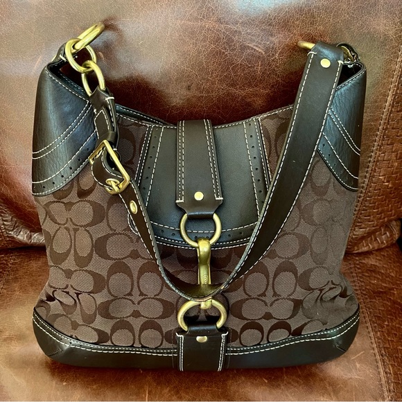 Coach | Bags | Coach Monogram Logo Embossed Canvas Leather Trimmed Dark ...